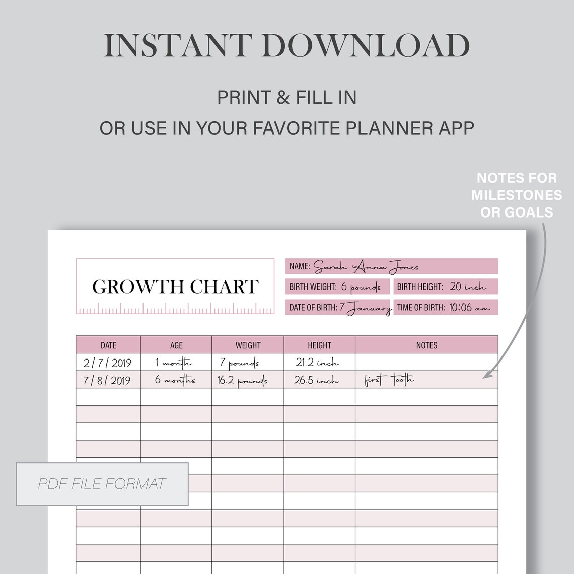 Printable Growth Chart, Growth Template, Baby Growth Tracker, Growth ...
