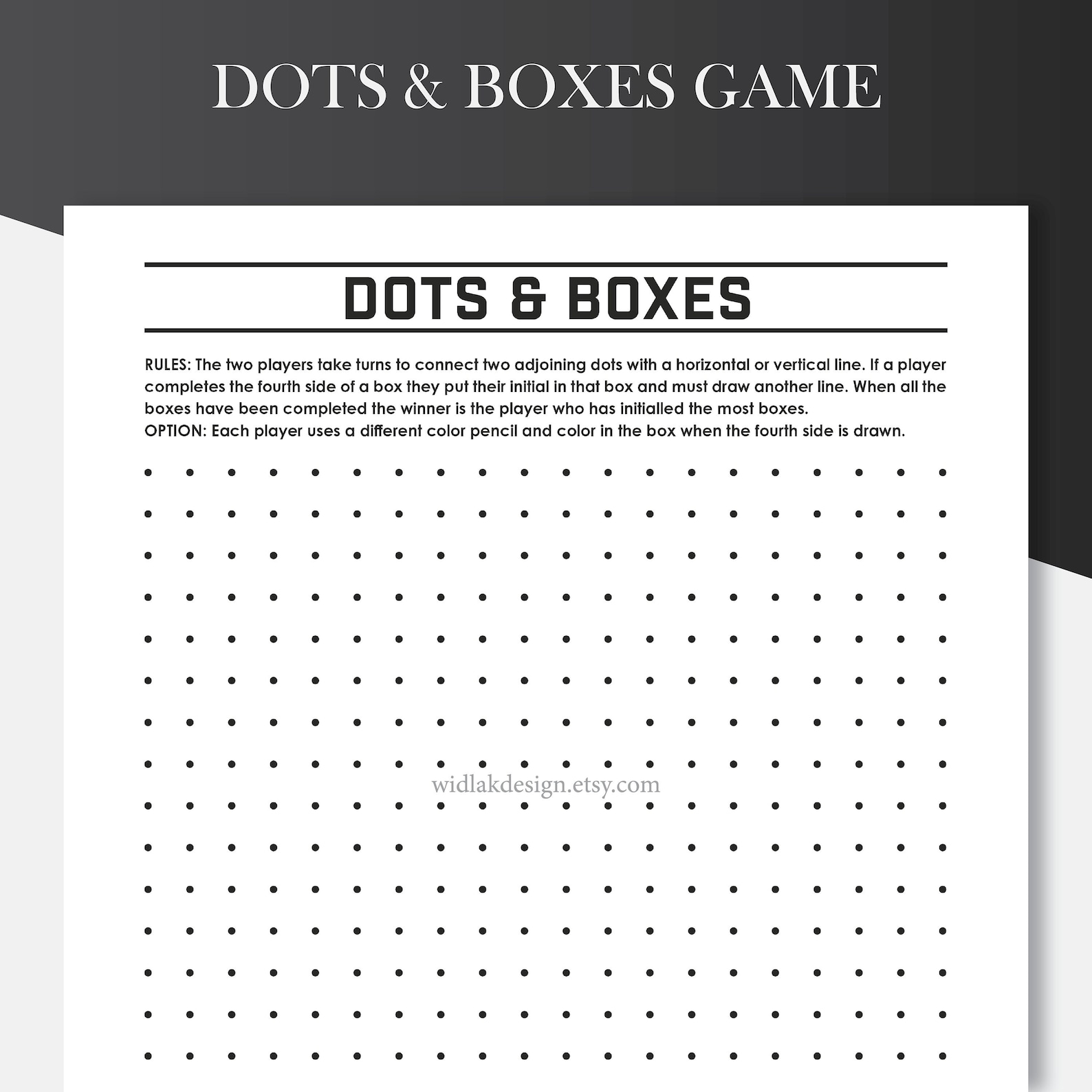 Printable Dots and Boxes Game: Quick Board Game (US LETTER, A4) - Etsy