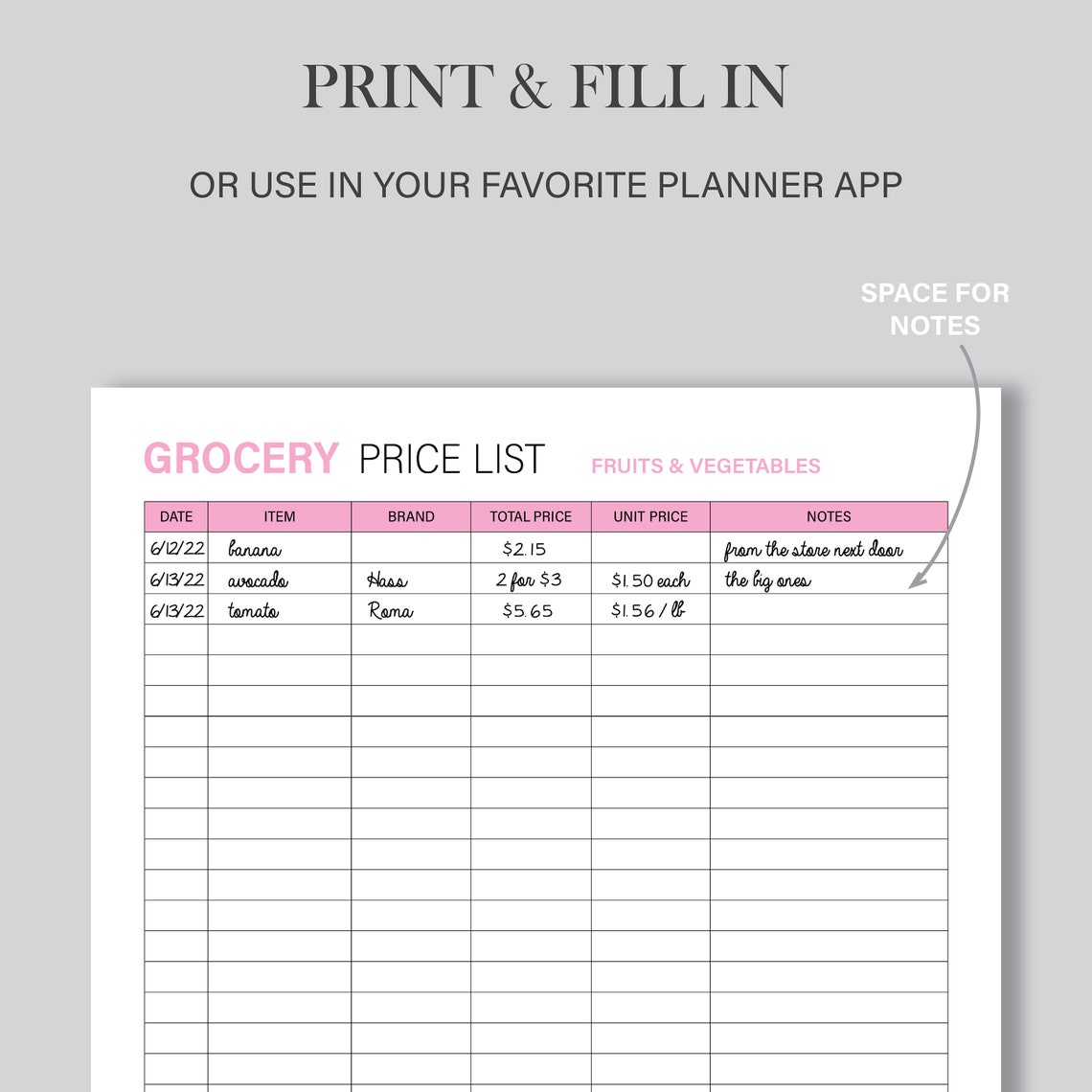 Printable Grocery Price List: Budget Tracker (US LETTER, A4) - Etsy