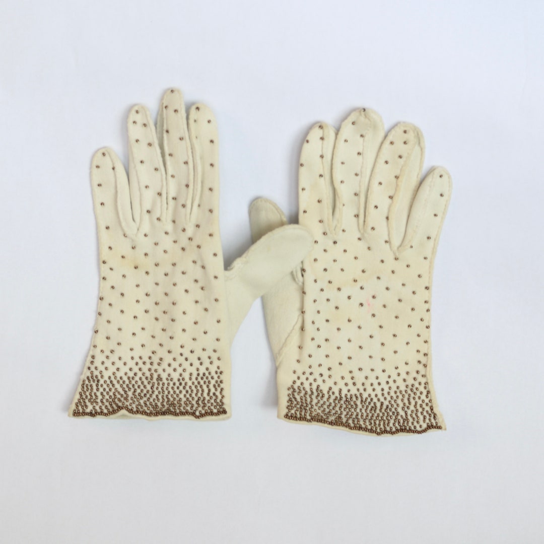 Vintage Cream Gloves With Gold Beading Vintage Driving Gloves Vintage ...