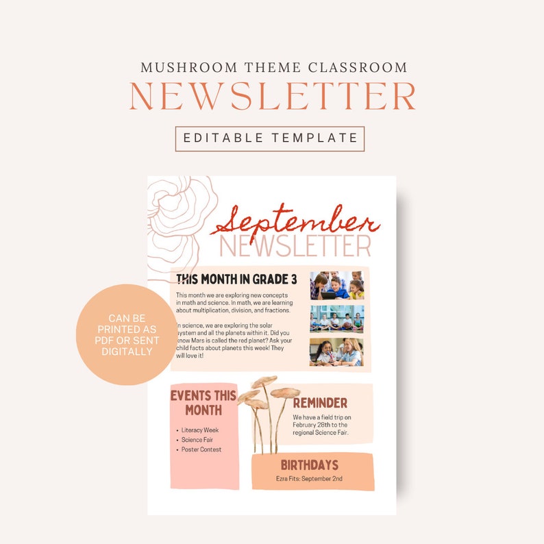 Mushroom Theme Classroom Editable Monthly Newsletter, Elementary School ...