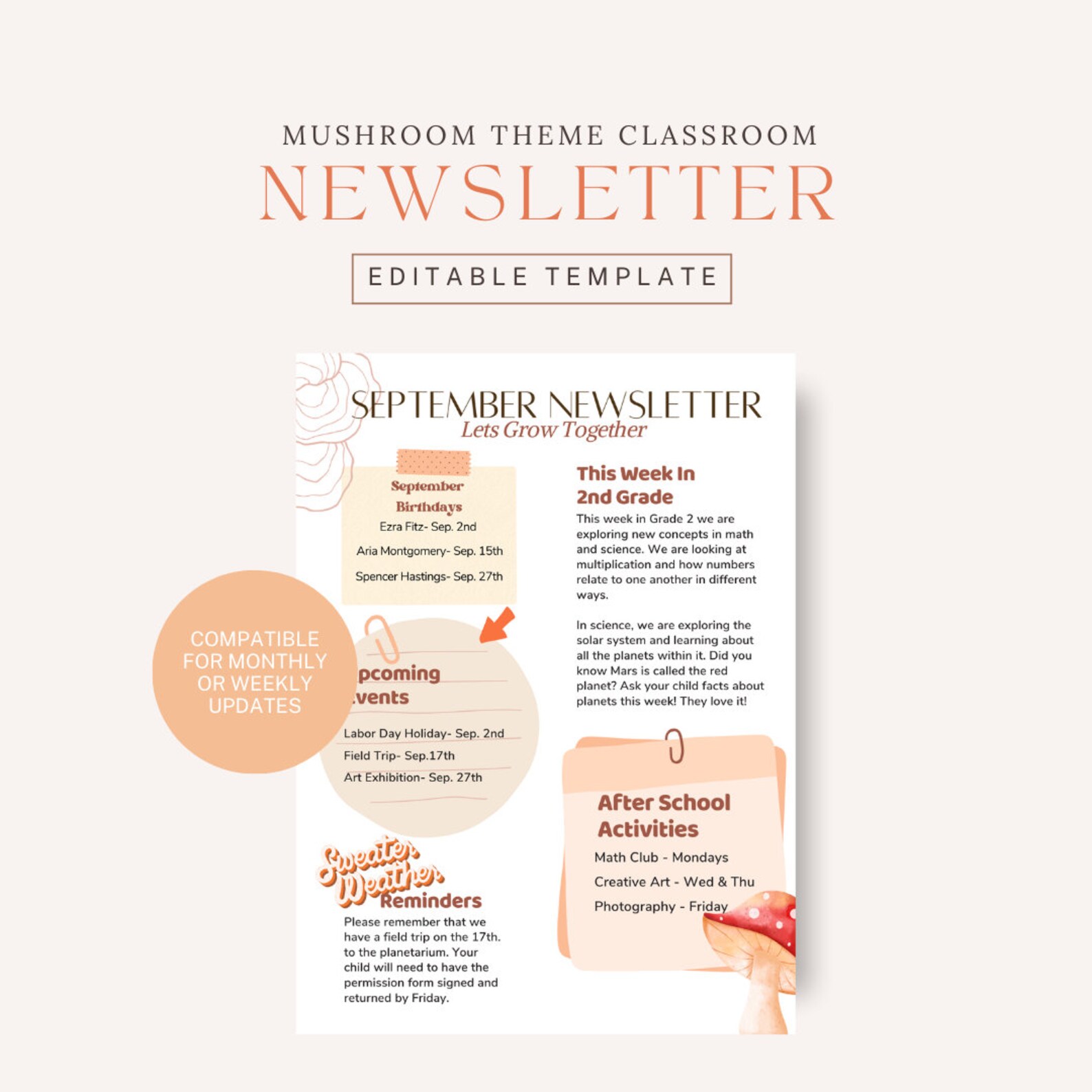 Mushroom Theme Classroom Editable Monthly Newsletter, Elementary School ...