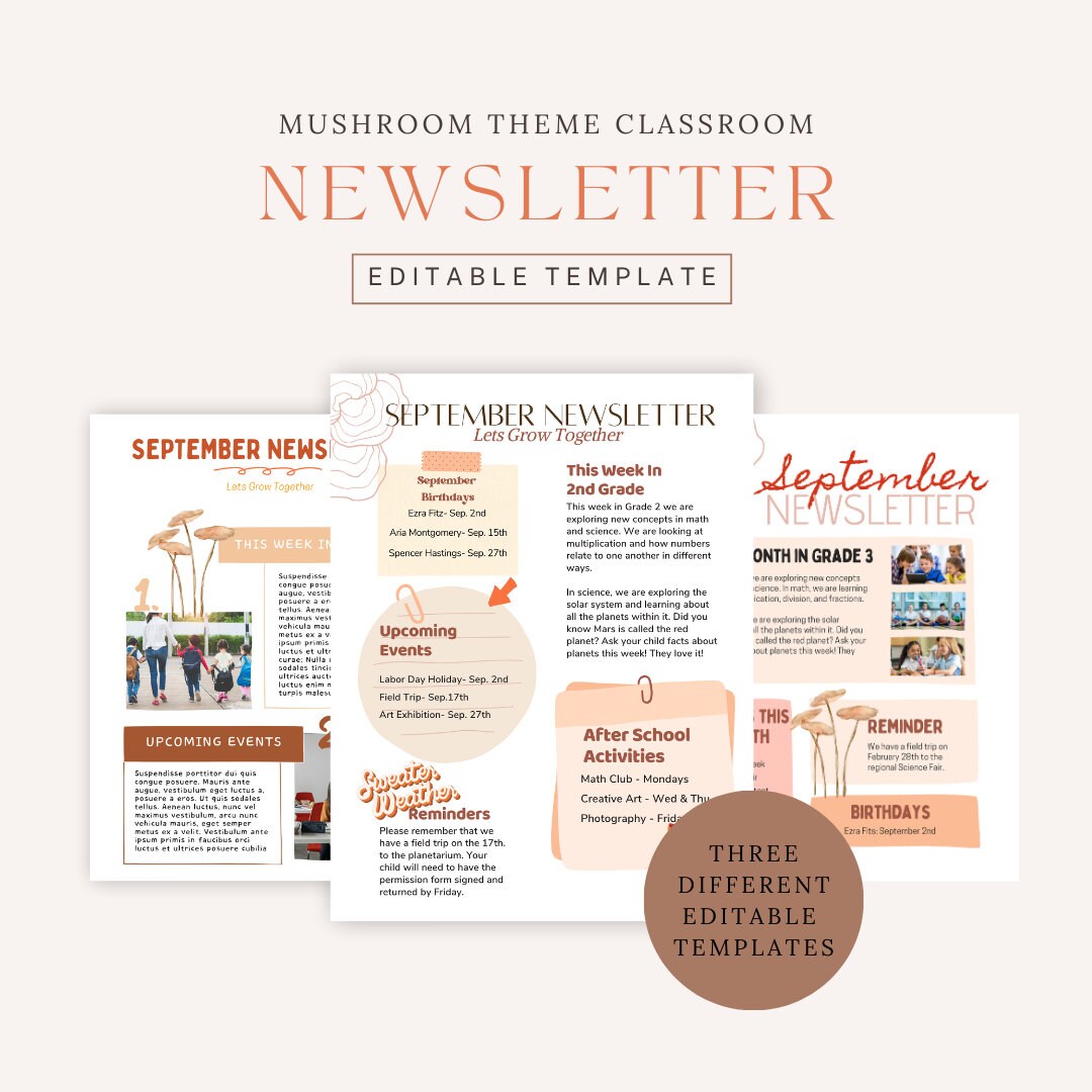 Mushroom Theme Classroom Editable Monthly Newsletter, Elementary School ...