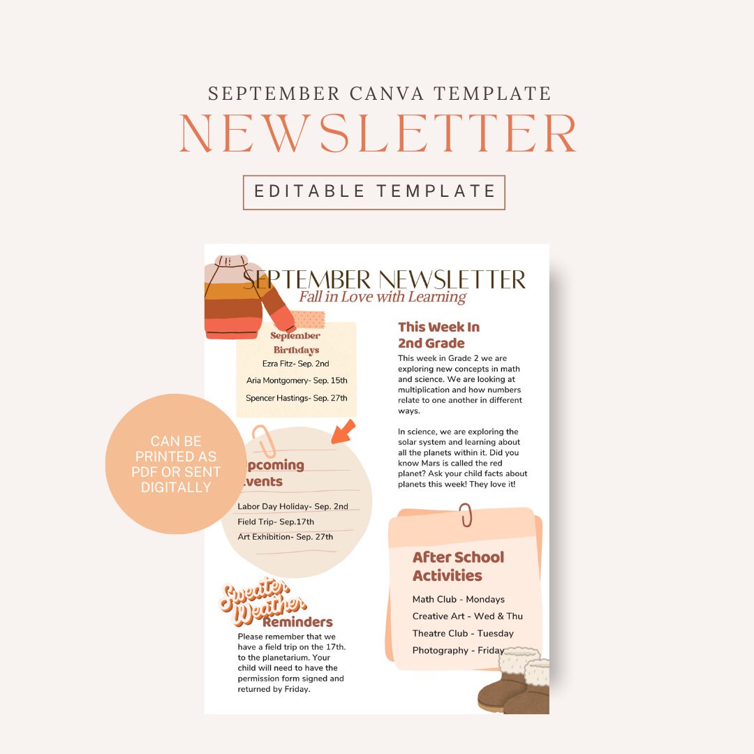 September Newsletter Canva Template, Fall. Classroom Poster, Elementary ...