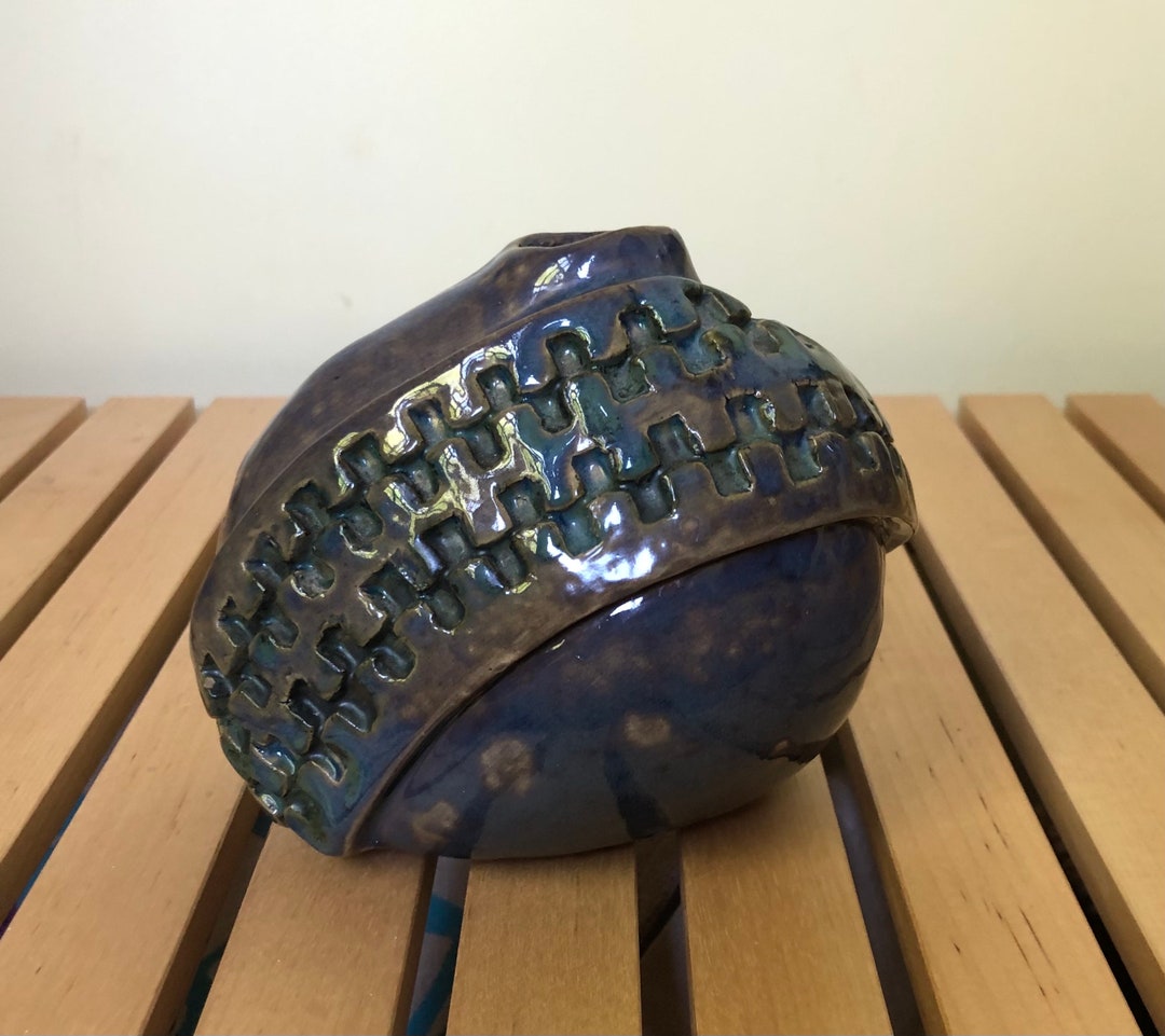 Abstract Blue Glaze Pottery Vase With Geometric Roulette Patterned Band ...