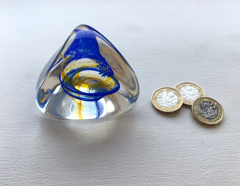 Pebble Design Glass Paperweight With Blue and Gold Swirls by Caithness ...
