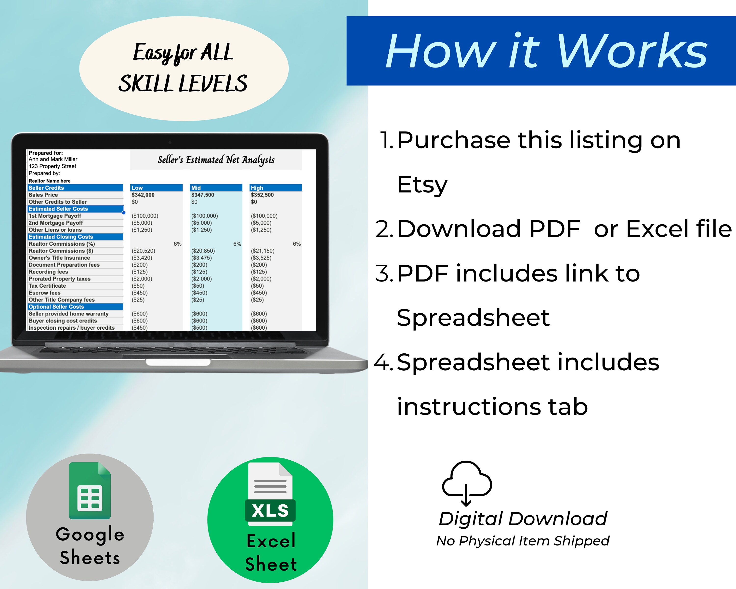 Seller's Net Sheet Spreadsheet | Seller Proceeds Excel Template | Real ...