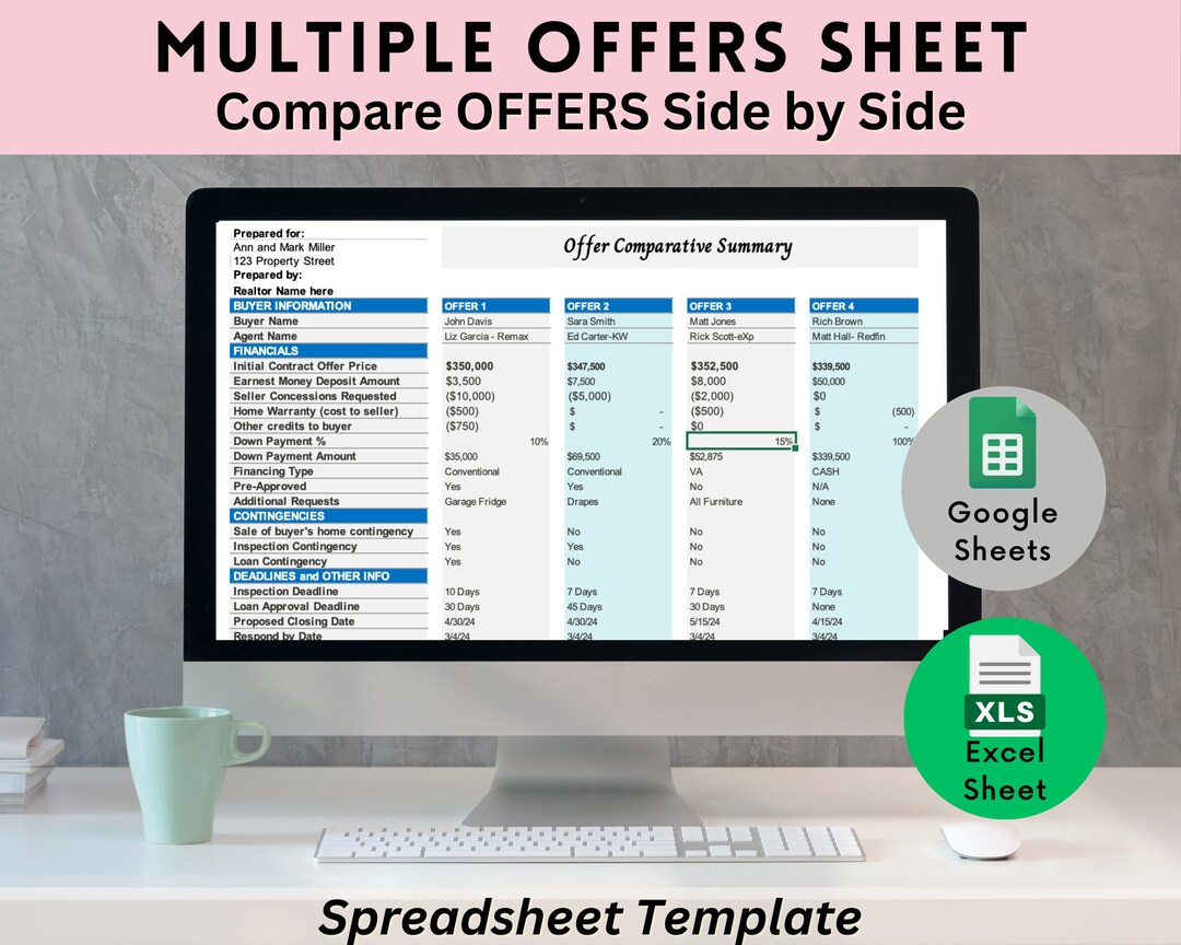 Multiple Offer Spreadsheet for Excel & Google Sheets | Multiple Offer ...