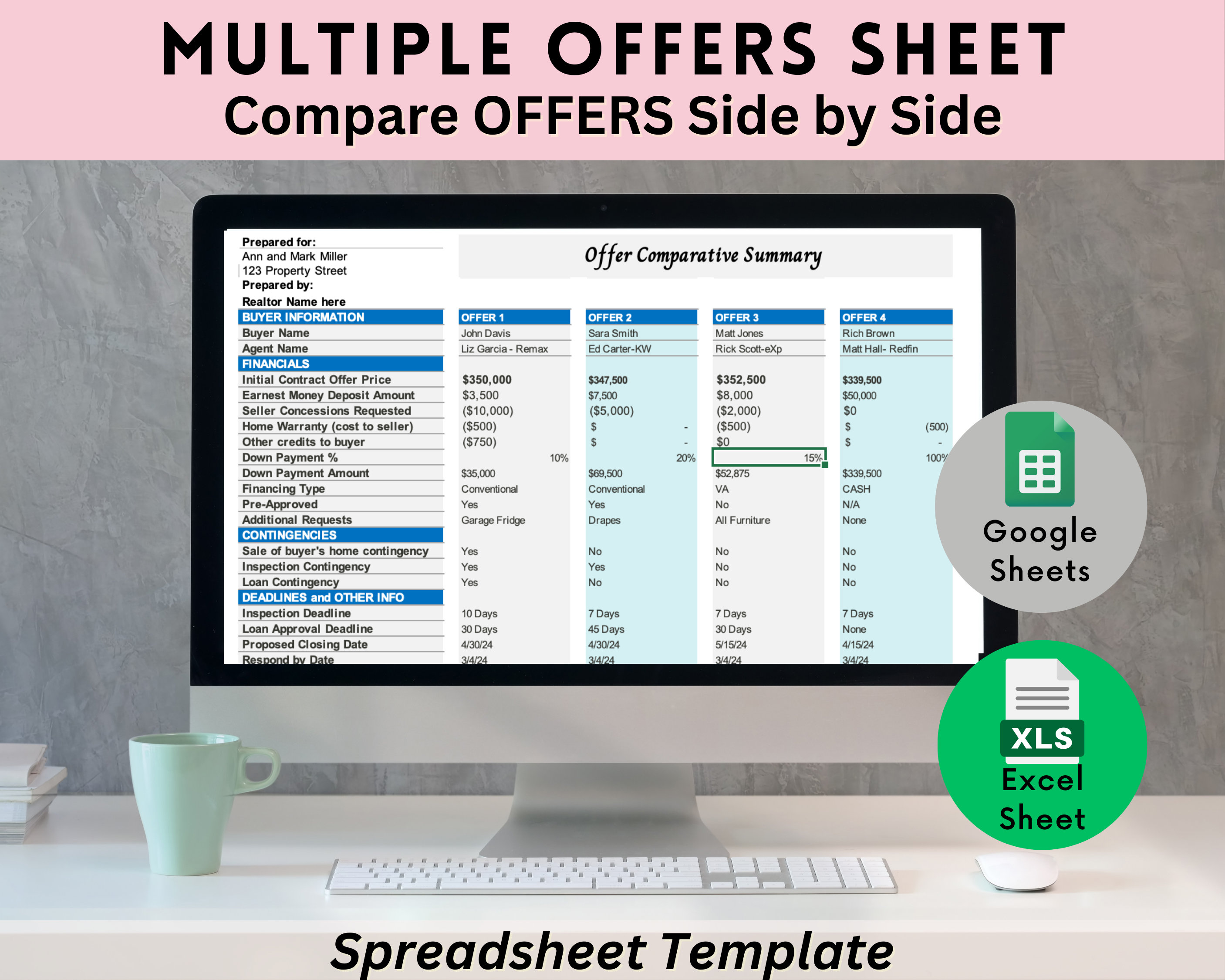 Multiple Offer Spreadsheet for Excel & Google Sheets | Multiple Offer ...