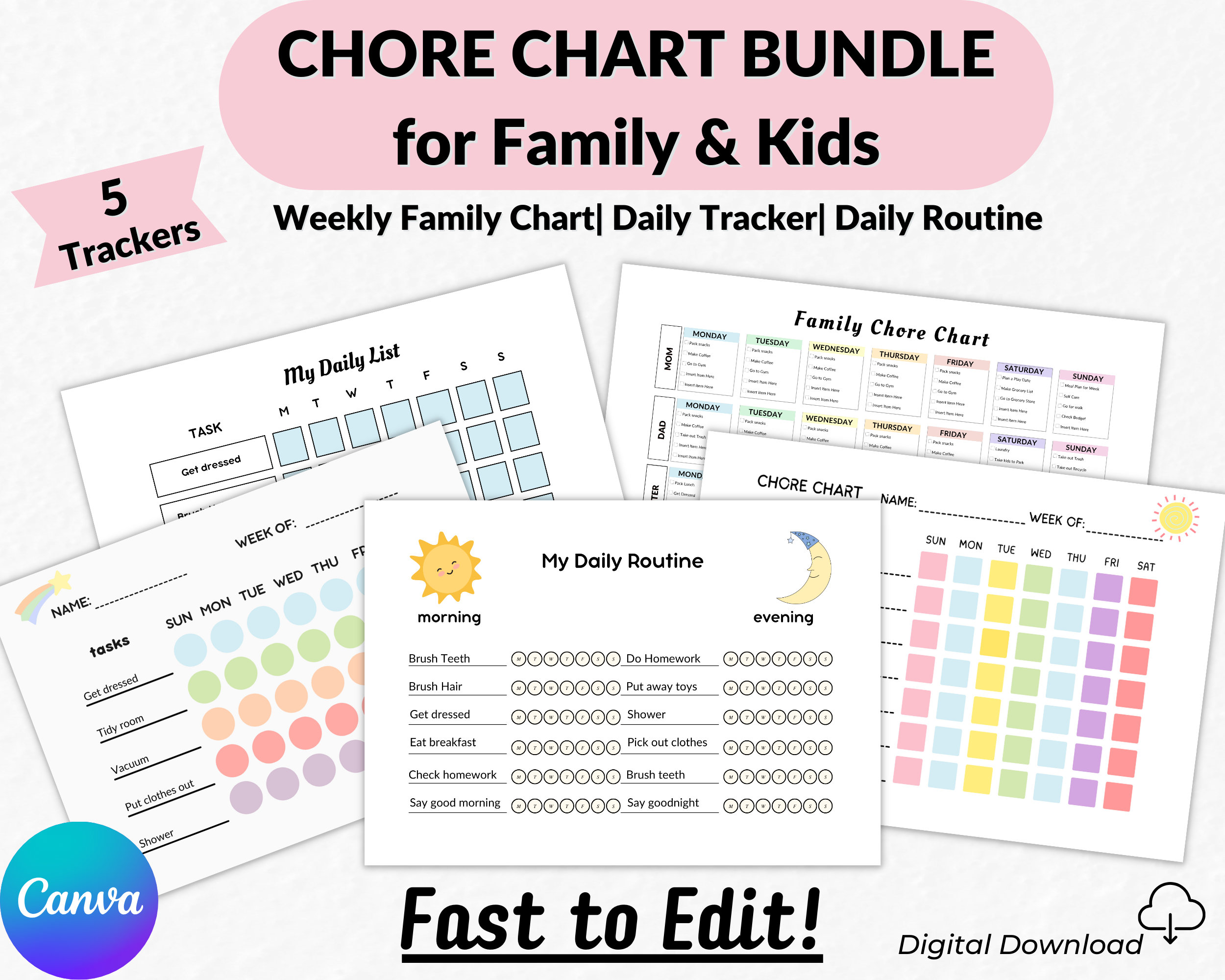 Editable Chore Charts, Printable Canva Family and Kids Chore Chart ...