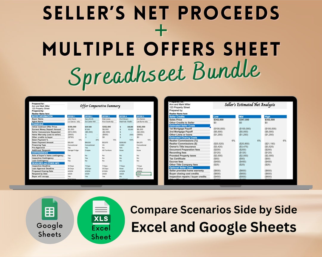 Seller's Net Sheet + Multiple Offers Spreadsheet Bundle |seller ...