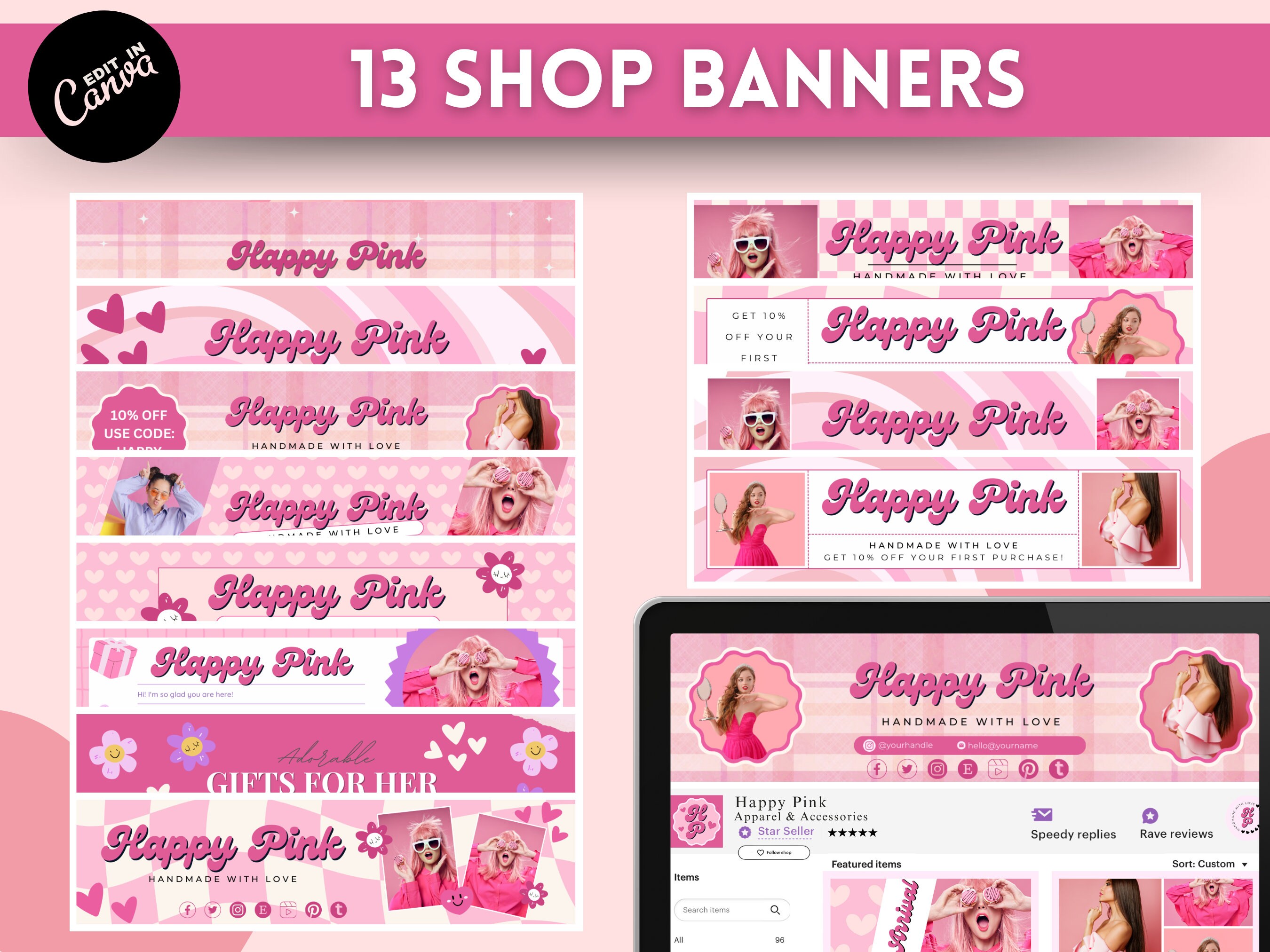 PINK Etsy Banner Template BUNDLE| Hot Pink Etsy Shop Banners| Editable ...