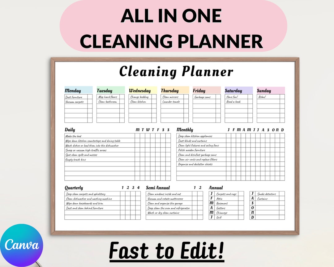 Editable Cleaning Schedule, Daily Weekly Yearly Home Cleaning Checklist ...