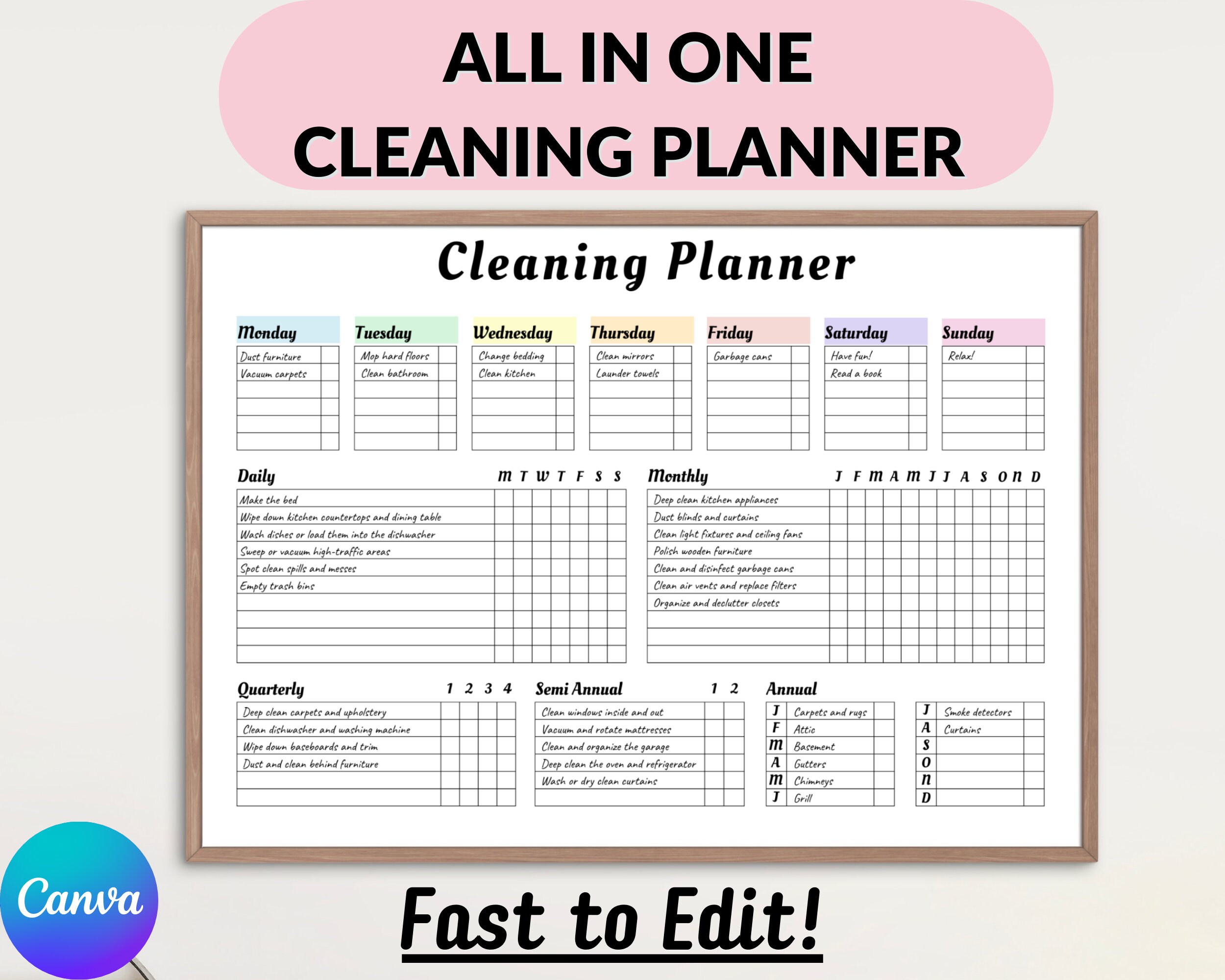Editable Cleaning Schedule, Daily Weekly Yearly Home Cleaning Checklist ...