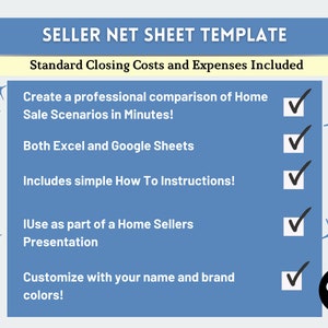 Seller's Net Sheet Spreadsheet | Seller Proceeds Excel Template | Real ...