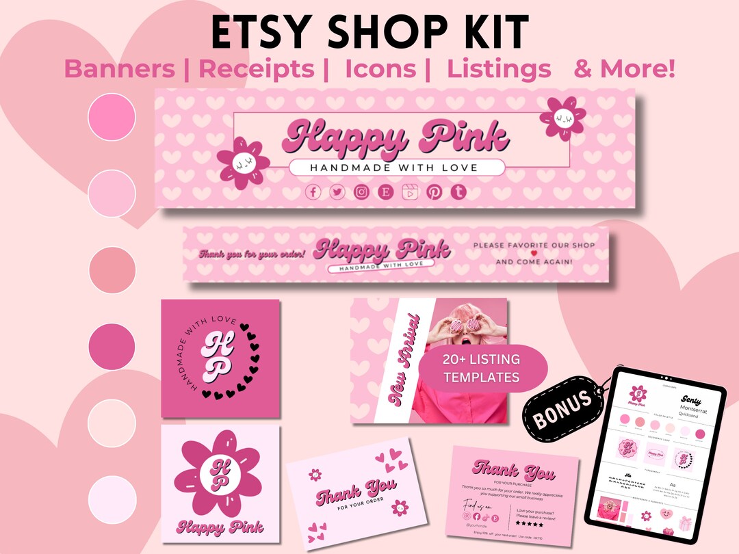 PINK Etsy Shop Kit Bright Etsy Branding Kit Editable Pink Shop Branding ...
