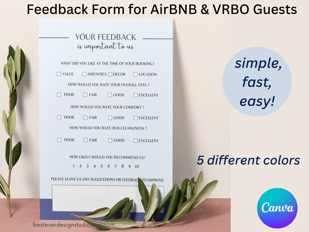 Airbnb Guest Feedback Form | VRBO Suggestion Card | Airbnb Feedback ...