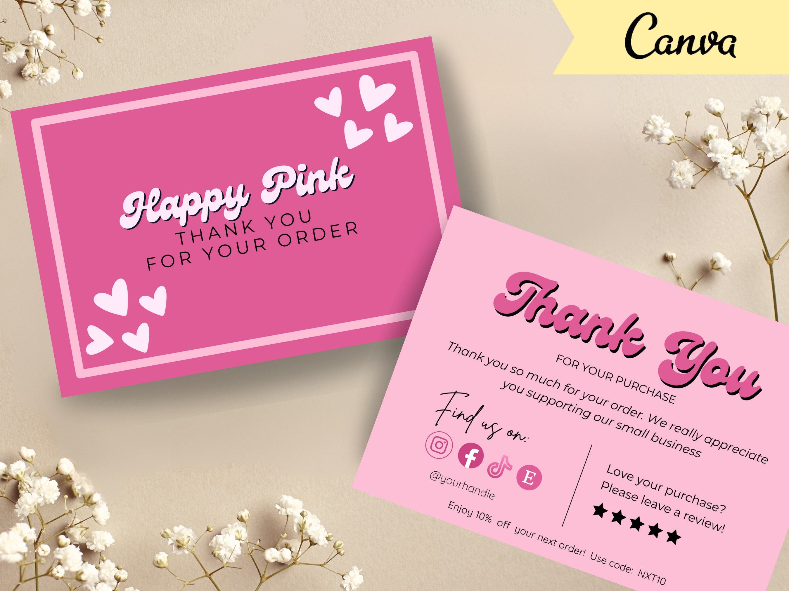 PINK Thank You Card Template Happy Pink Editable Small - Etsy