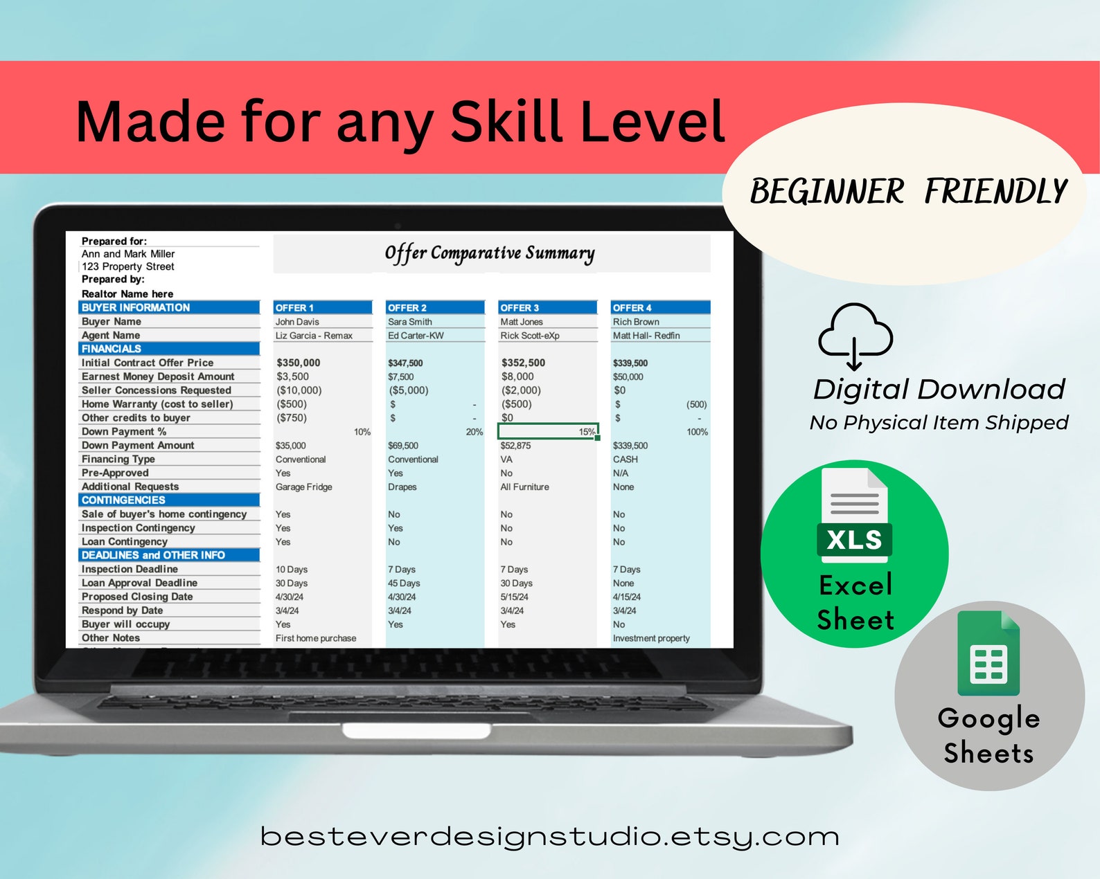 Multiple Offer Spreadsheet for Excel & Google Sheets | Multiple Offer ...