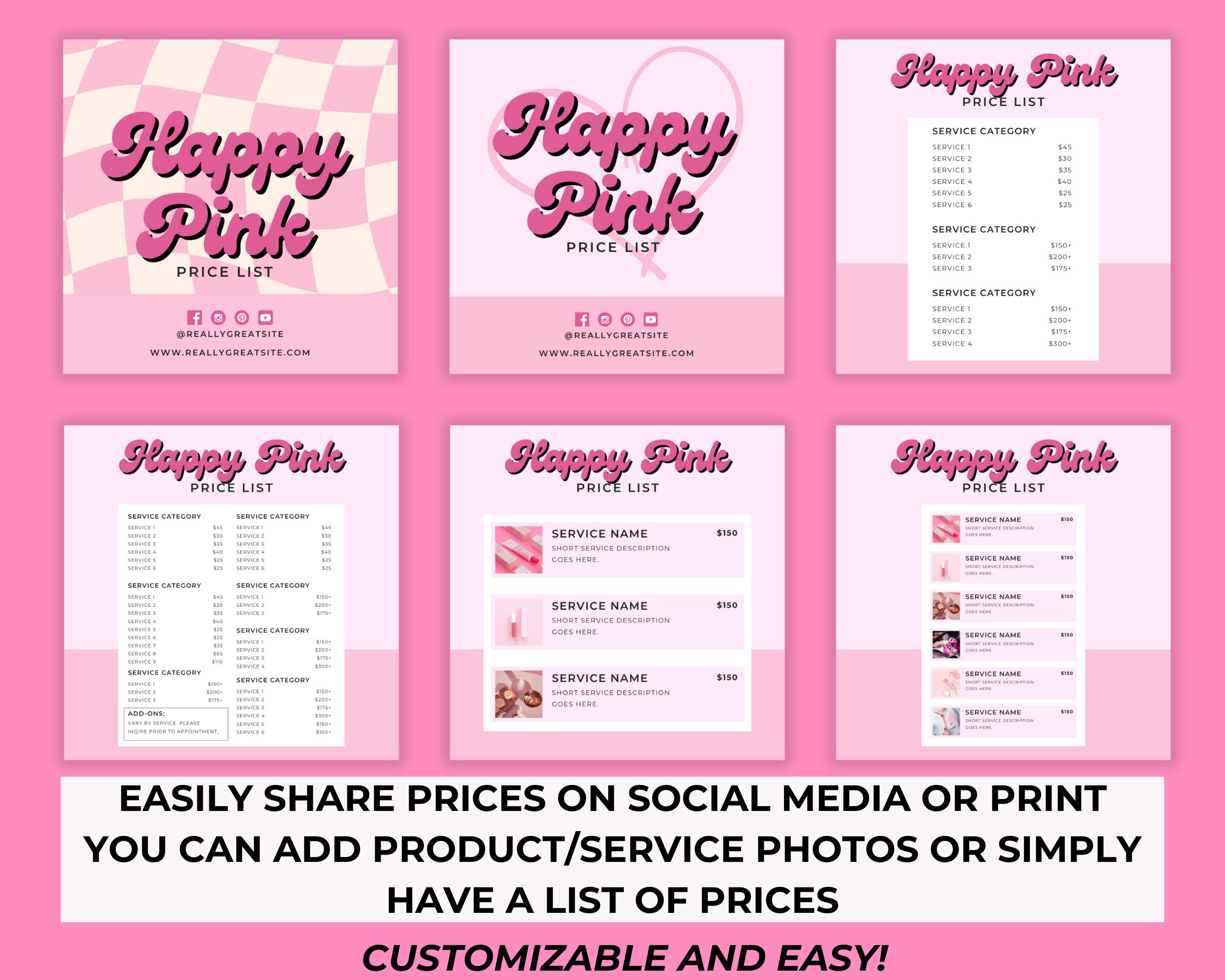 Pink Price List Template Bundle, Price List Flyers Canva Template ...