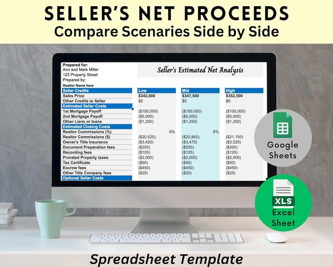 Seller's Net Sheet Spreadsheet | Seller Proceeds Excel Template | Real ...