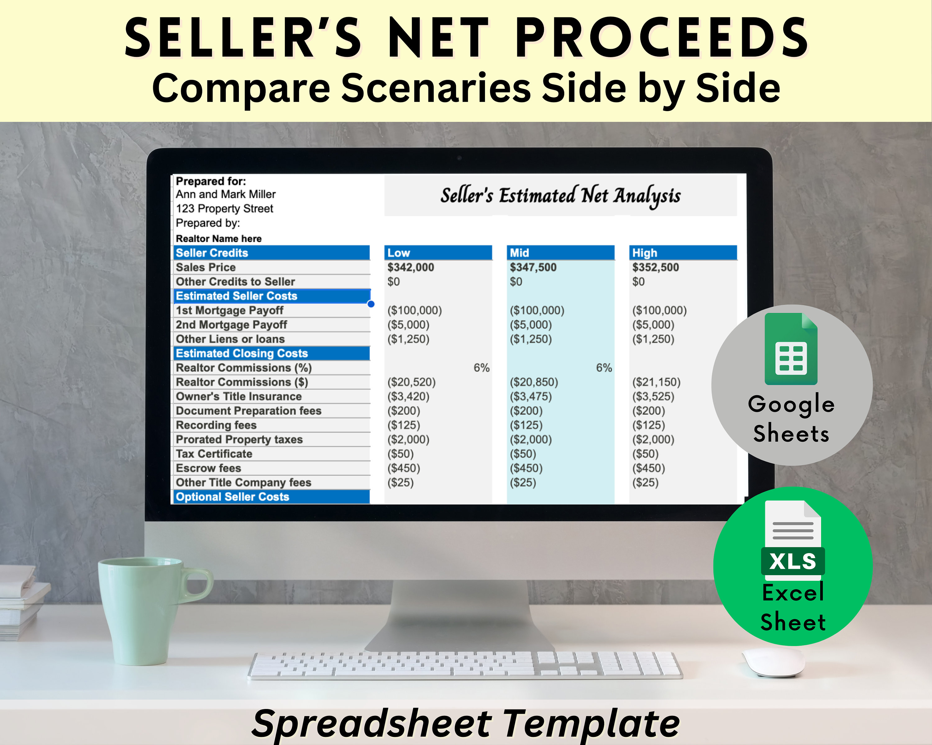 Seller's Net Sheet Spreadsheet | Seller Proceeds Excel Template | Real ...