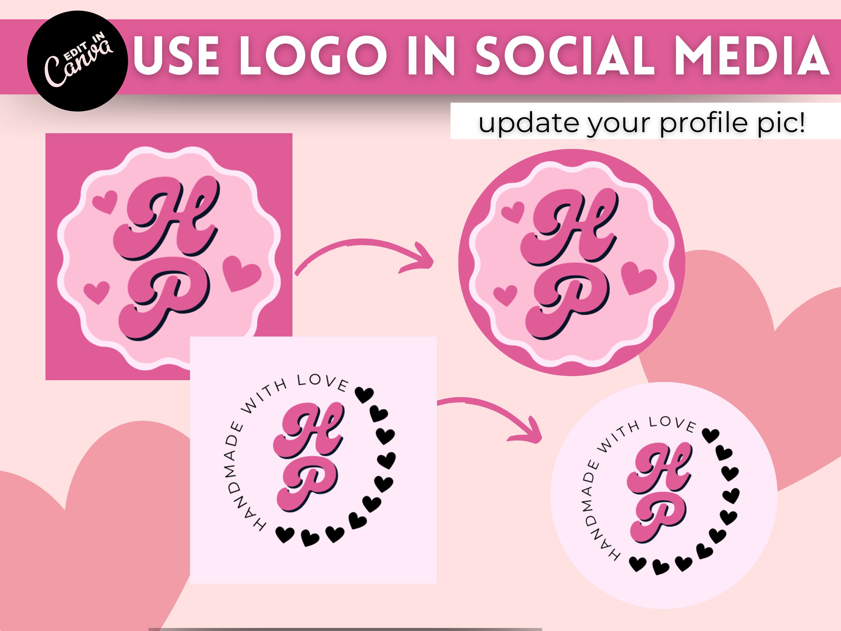 Pink Retro Logo Templatepink Logo With Heart Flowers - Etsy