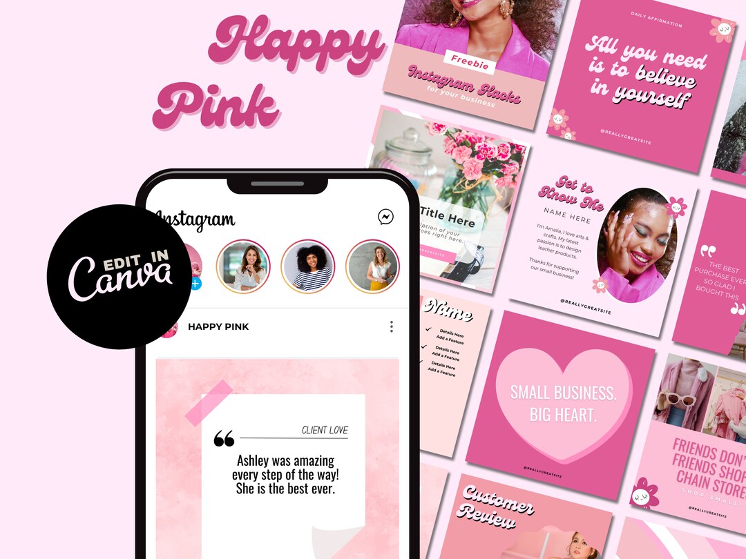 Retro Groovy Pink Instagram Template Bundle 30 Canva Posts in Happy ...