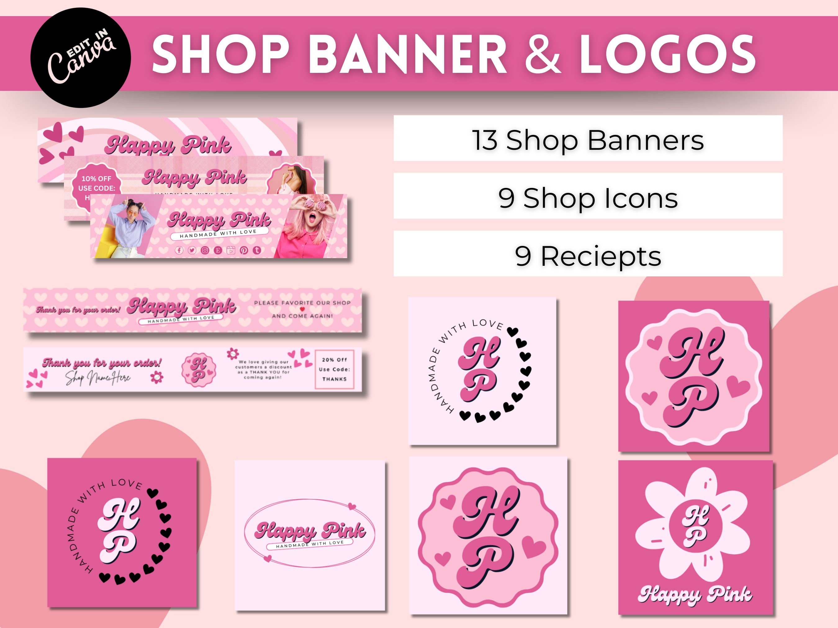 PINK Etsy Banner Template BUNDLE| Hot Pink Etsy Shop Banners| Editable ...