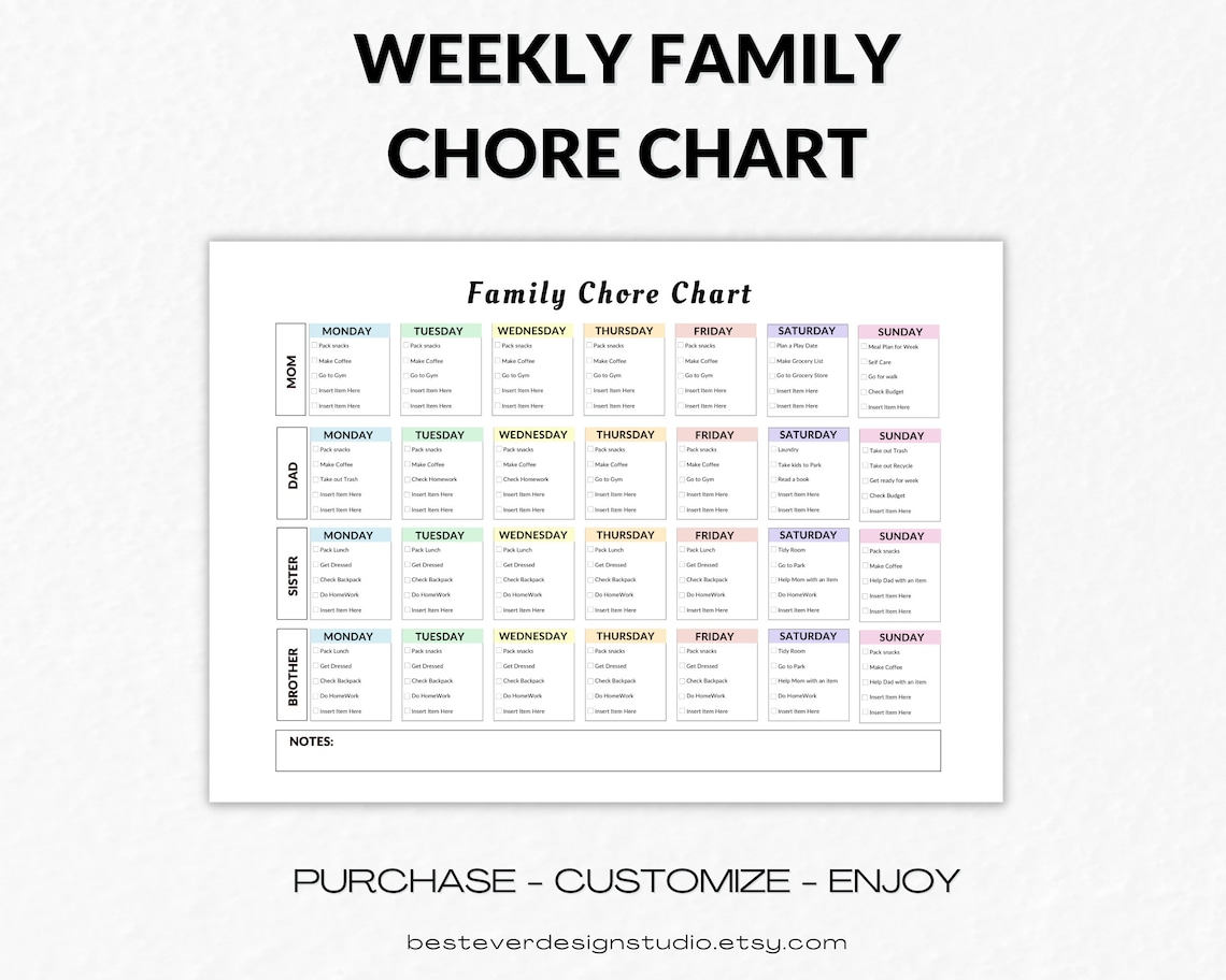 Editable Family Chore Chart, Printable Canva Chore Chart for Family and ...