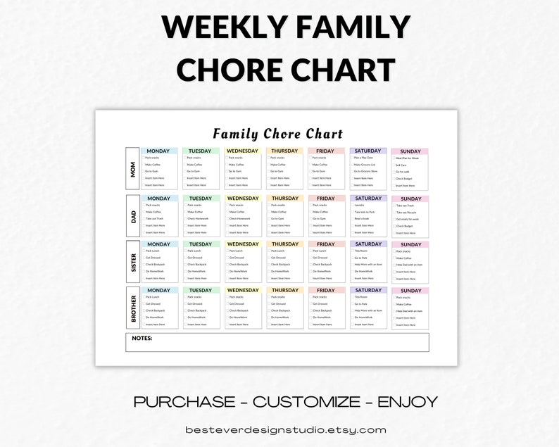 Editable Family Chore Chart, Printable Canva Chore Chart for Family and ...