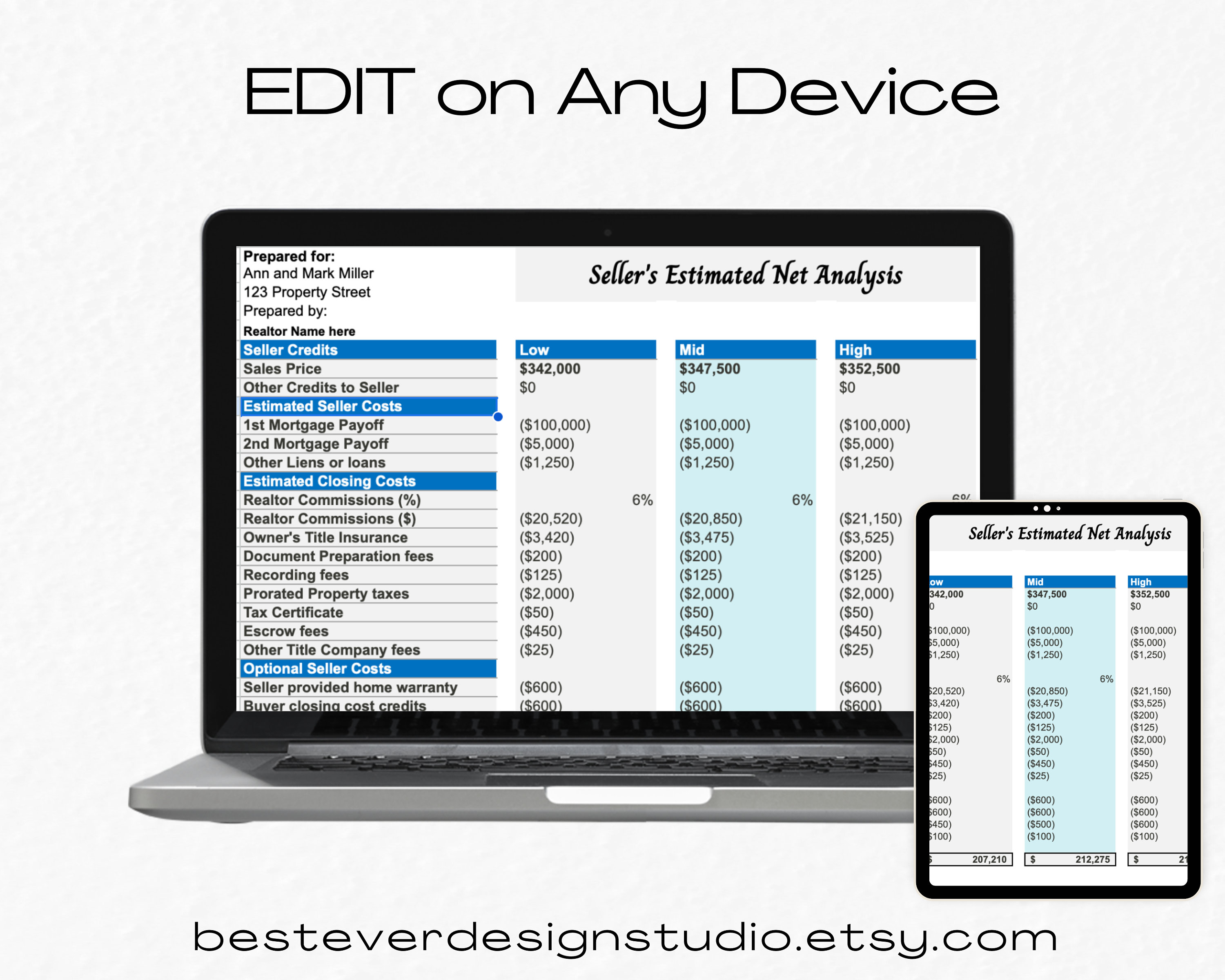 Seller's Net Sheet Spreadsheet | Seller Proceeds Excel Template | Real ...