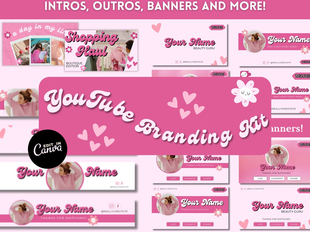 Pink DIY Youtube Branding Kit - Youtube Banner, Intro & Outro Designs ...