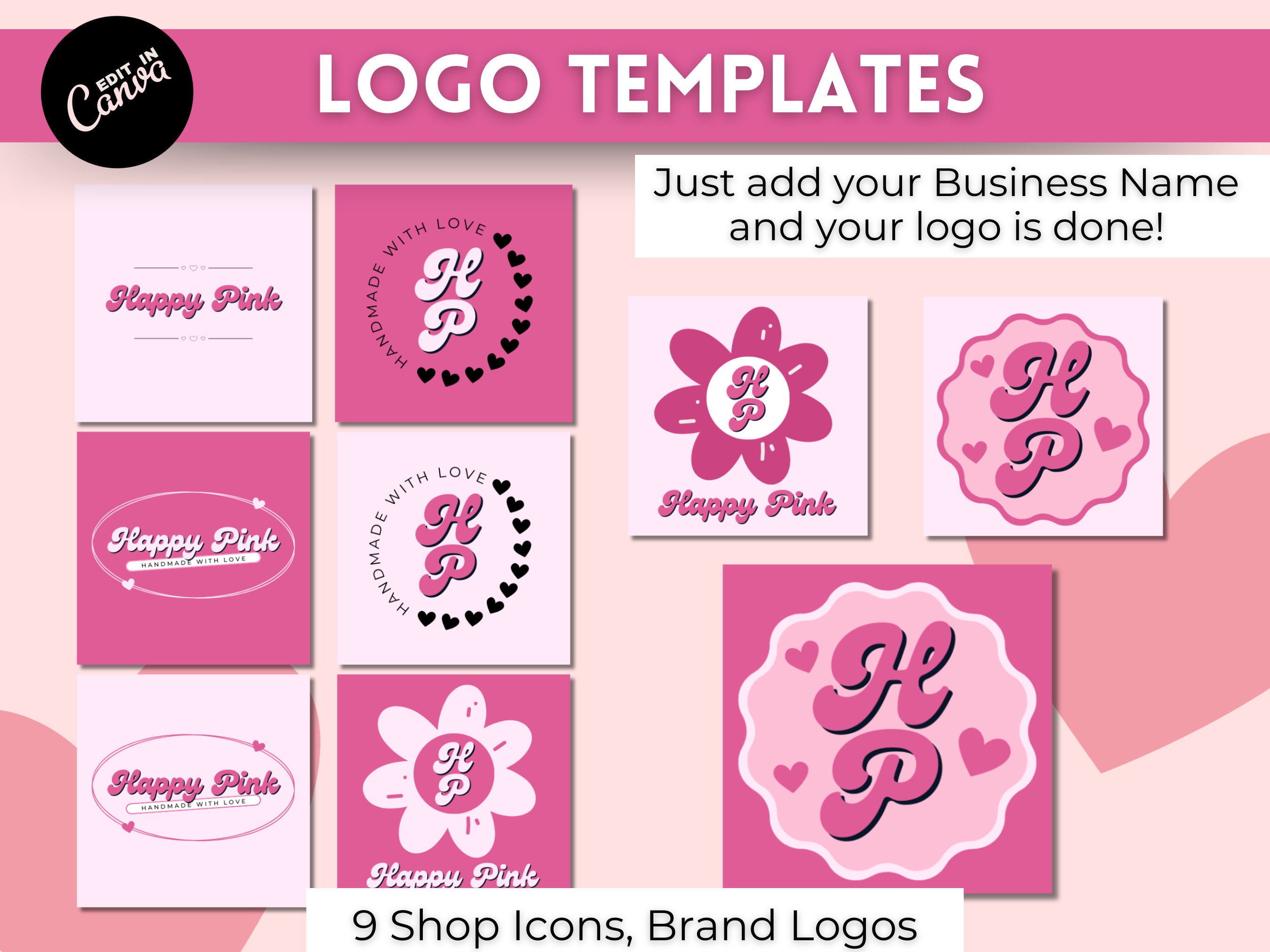 Pink Retro Logo Templatepink Logo With Heart Flowers - Etsy