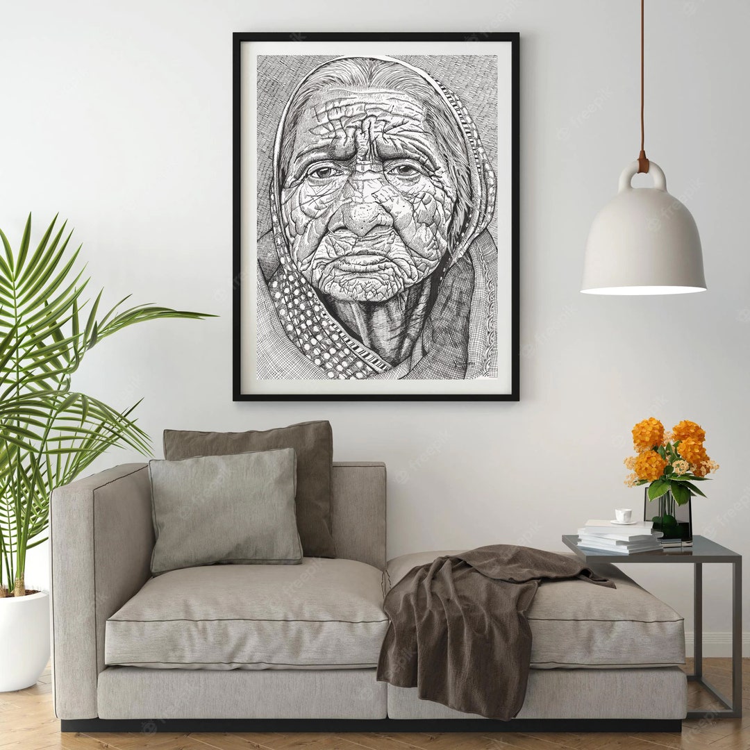 Wrinkled Woman Ink Drawing instant Download. Original Artwork by Josh ...