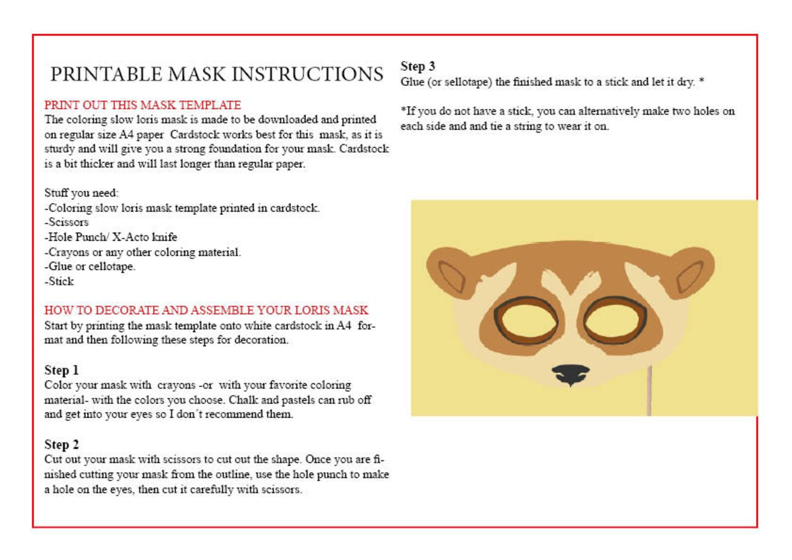 Loris Printable Mask -printable, Loris, Digital, Party, Birthday ...