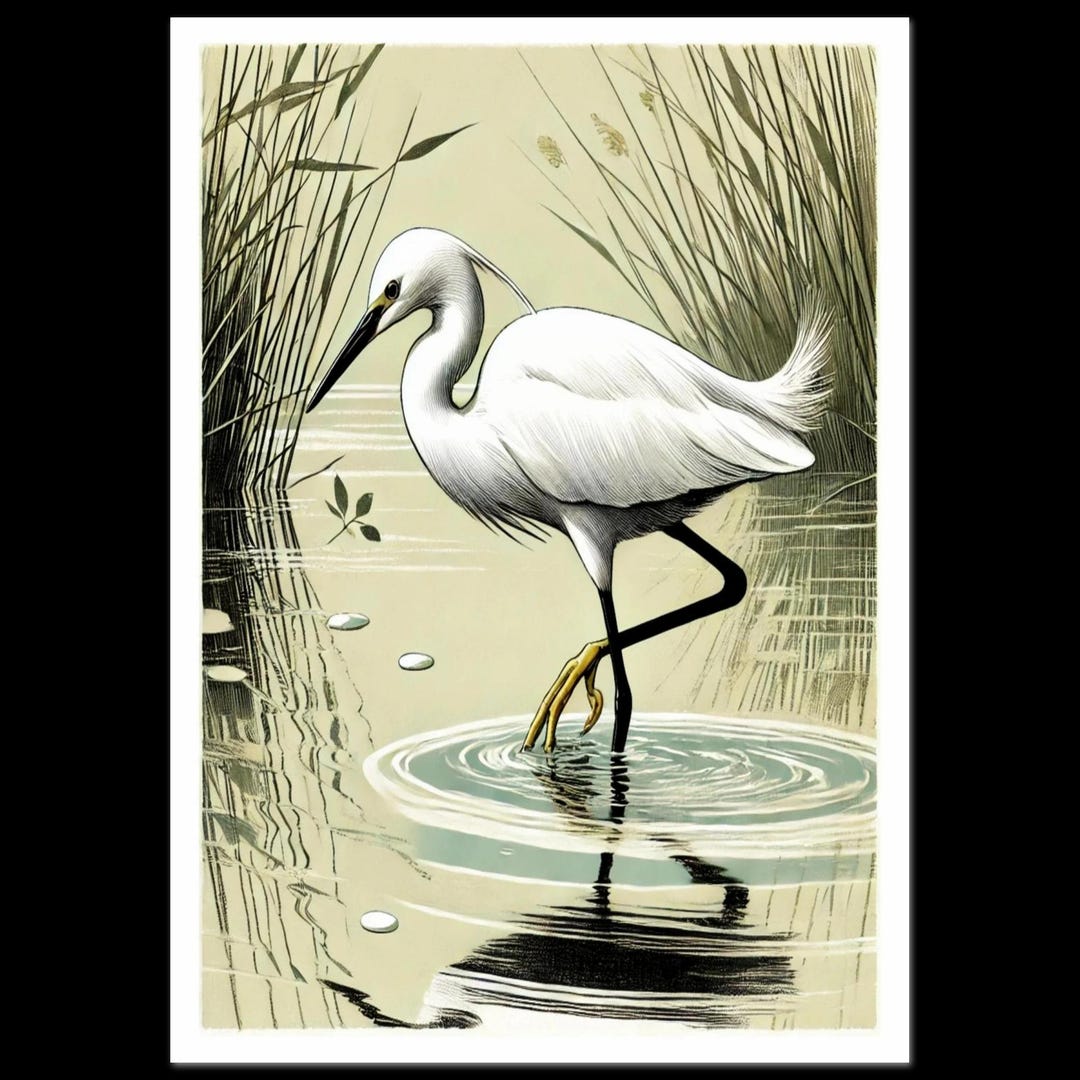 Egret Fishing Art Print: Linocut-inspired Bird Illustration - Etsy