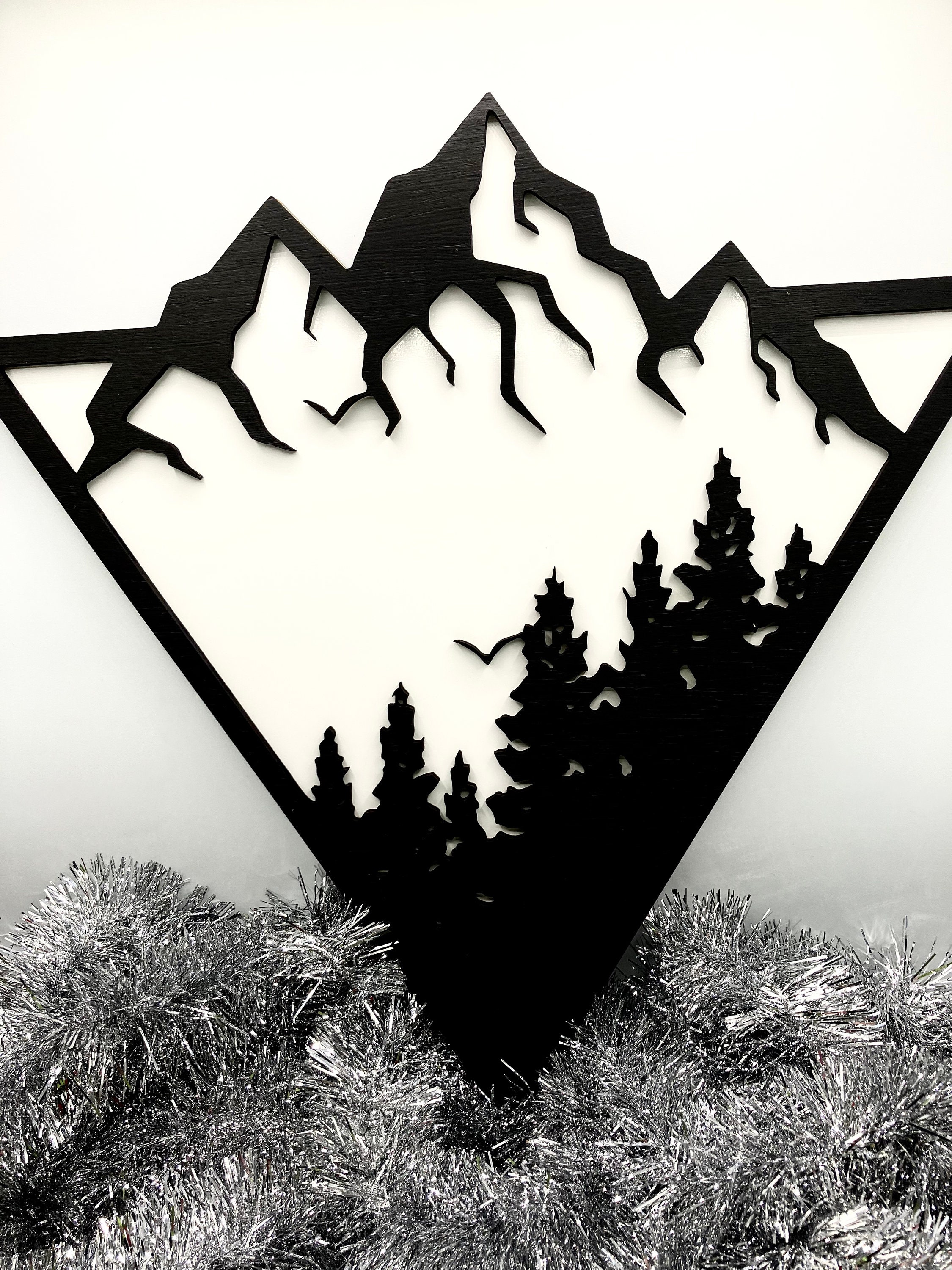 Mountain Tree Silhouette White Wood Wall Art Picture - Etsy