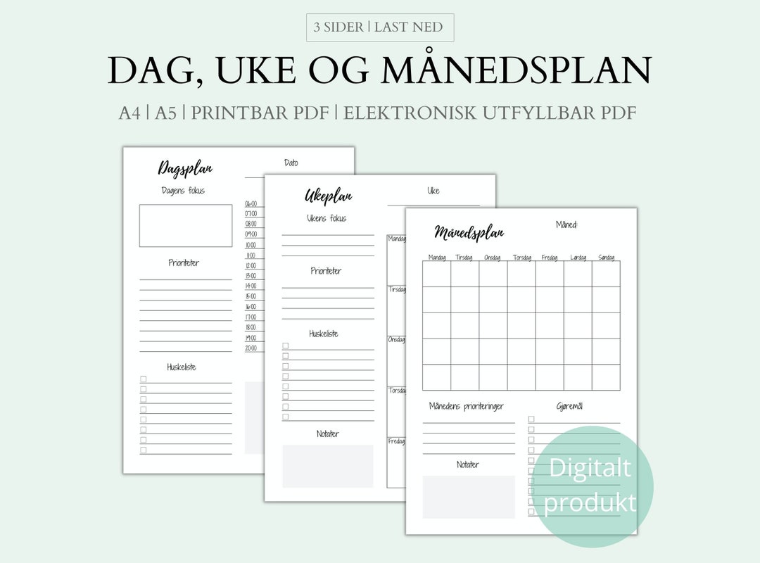 Dagsplan, Ukeplan, Månedsplan, Sett Med Tre Planleggere, A4 /A5 ...