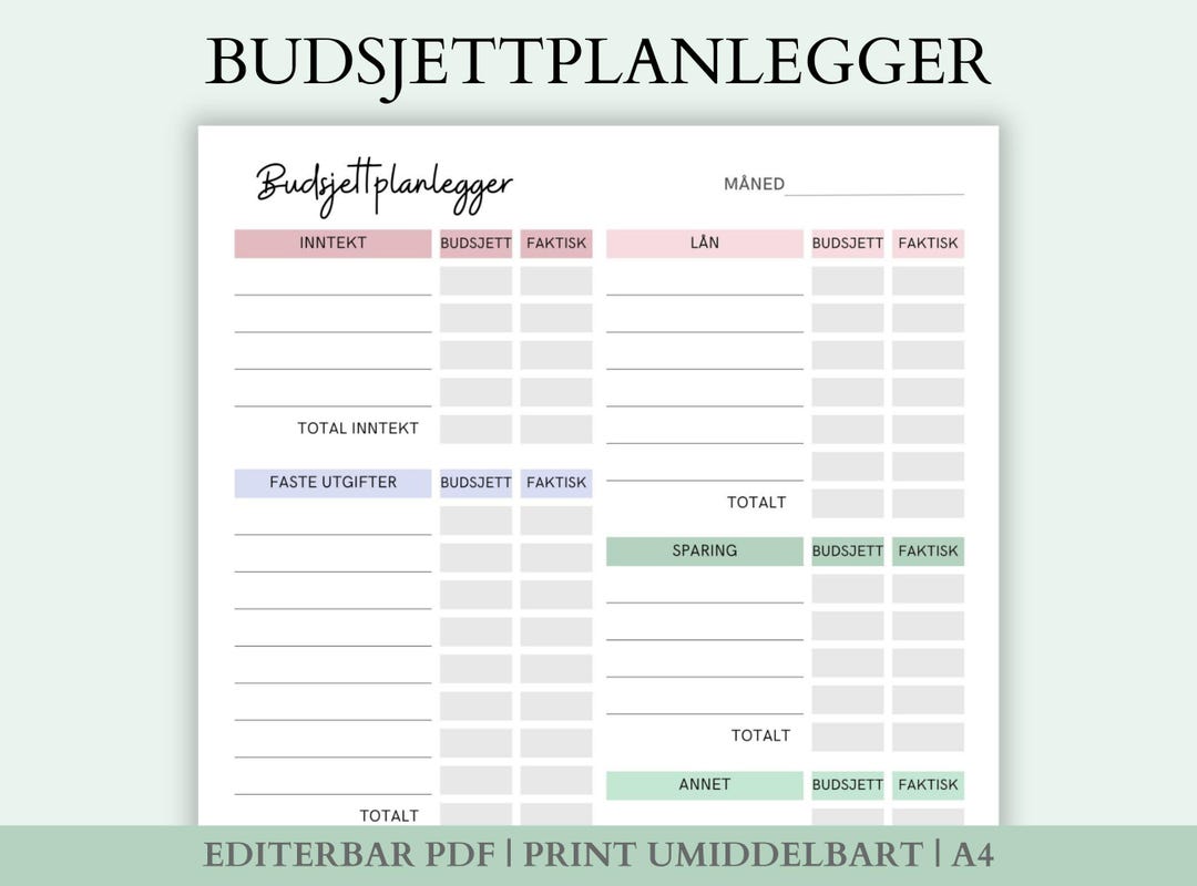 Månedsbudsjett Mal, Nedlastbart Personlig Budsjett, Planlegger, Norsk ...