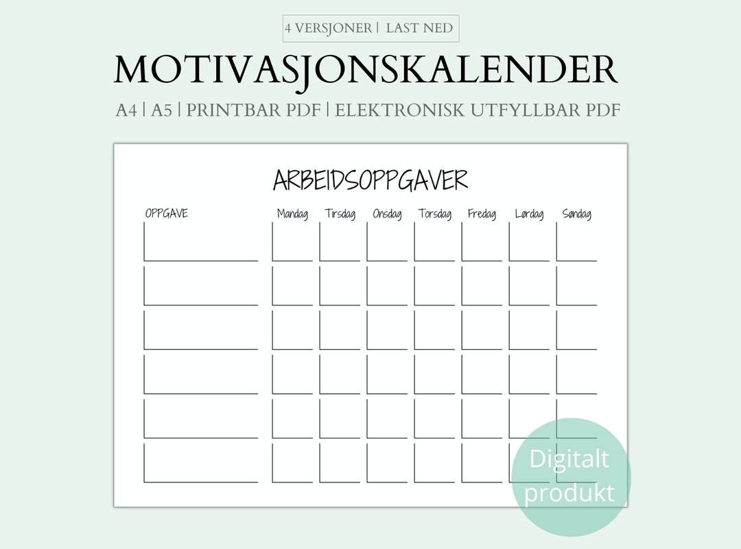 MOTIVASJONSKALENDER for Husarbeid, Arbeidsoppgaver, Belønningskalender ...