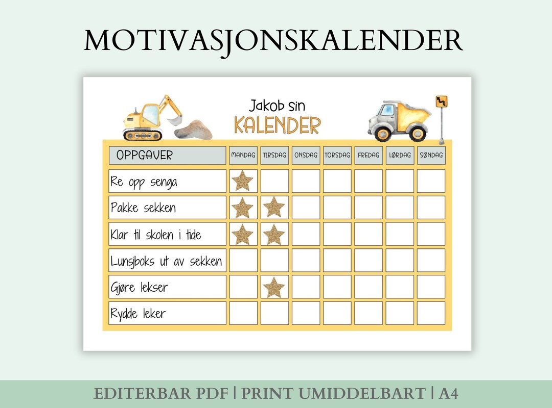 MOTIVASJONSKALENDER for Husarbeid, Arbeidsoppgaver, Belønningskalender ...