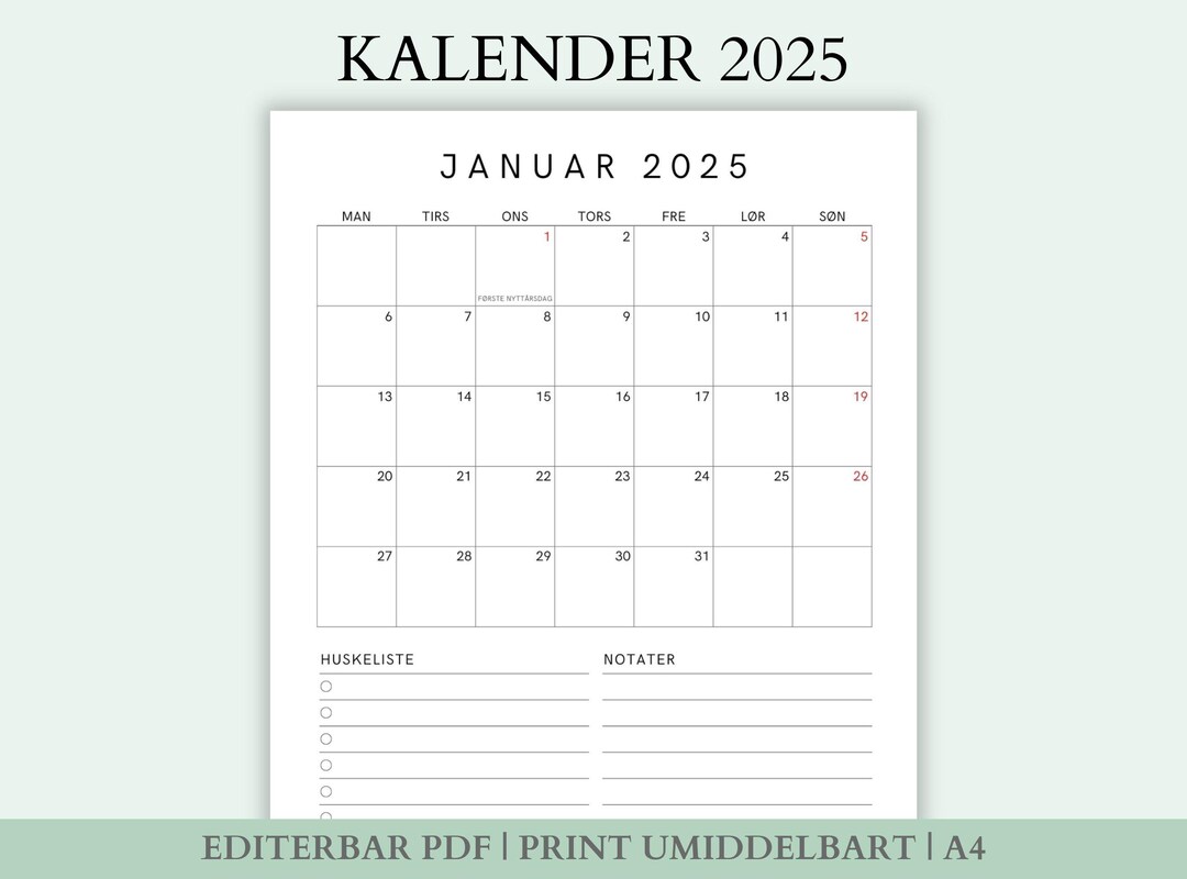 2025 Kalender, Månedsplan, Årsplan, Norsk, Utskrift - Etsy