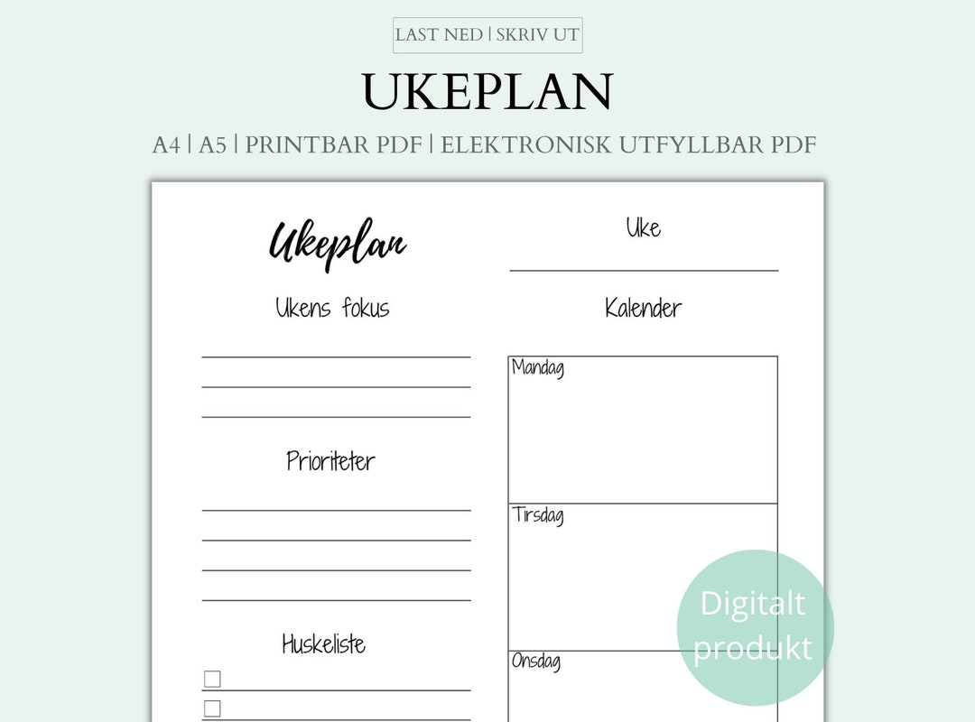 Ukeplan, Ukentlig to Do List, Ukentlig Agenda, Kalender ...