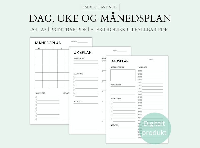 Dagsplan, Ukeplan, Månedsplan, Sett Med Tre Planleggere, A4 /A5 ...