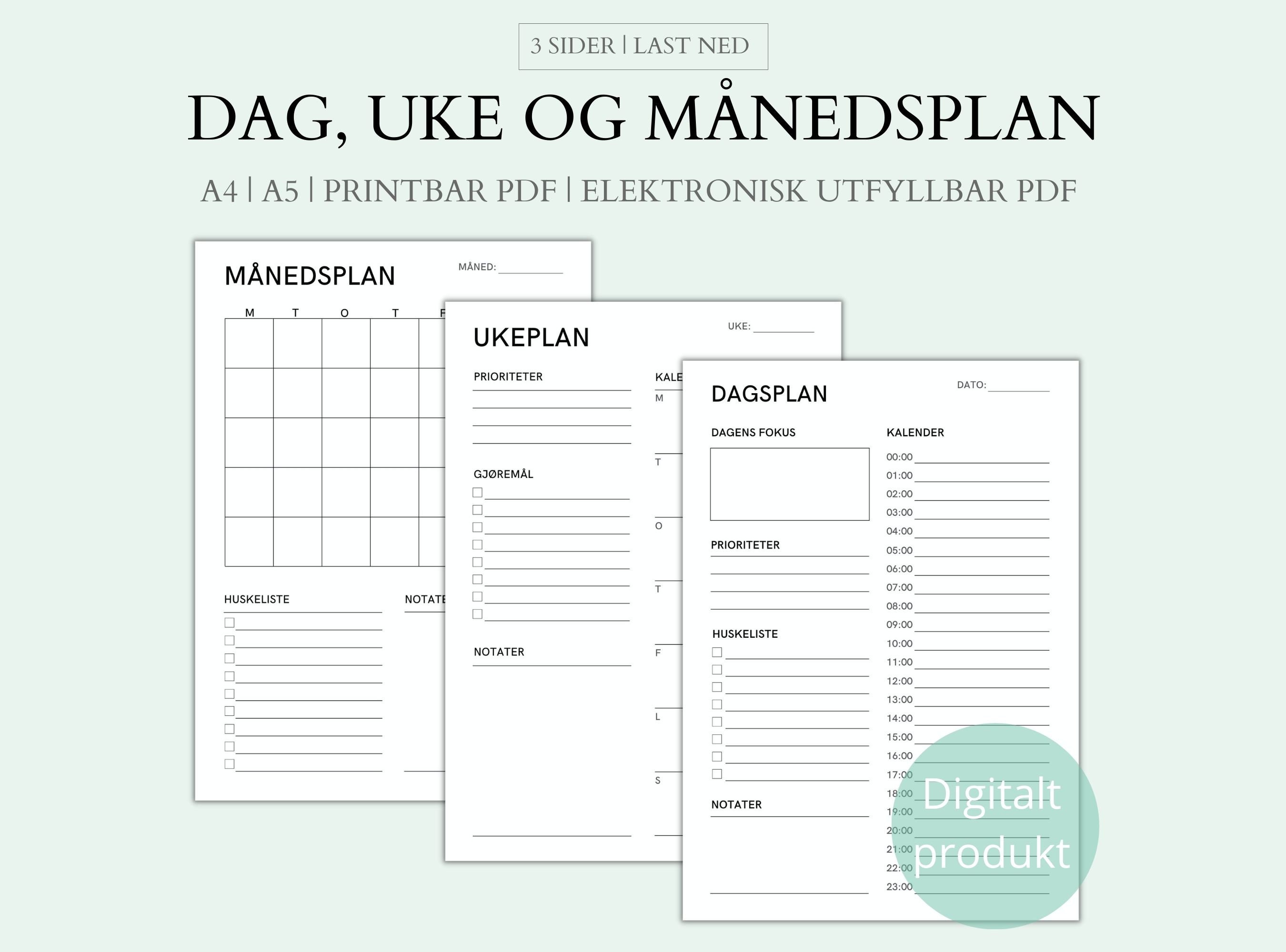 Dagsplan, Ukeplan, Månedsplan, Sett Med Tre Planleggere, A4 /A5 ...
