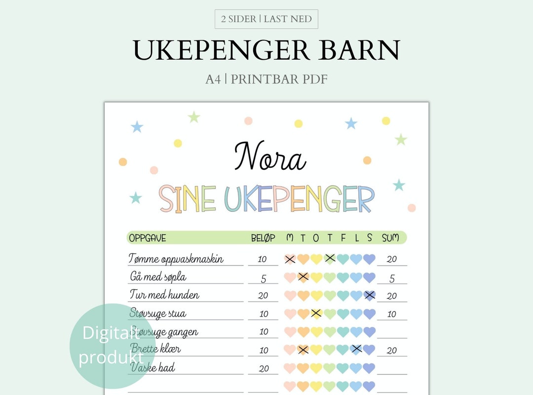 Skjema for Ukepenger for Barn, Motivasjon for Husarbeid, Ukelønn - Etsy