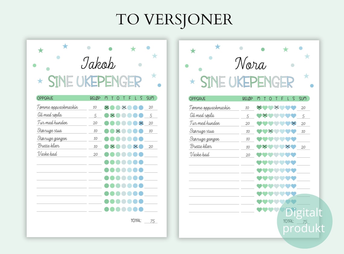 Skjema for Ukepenger for Barn, Motivasjon for Husarbeid, Ukelønn - Etsy