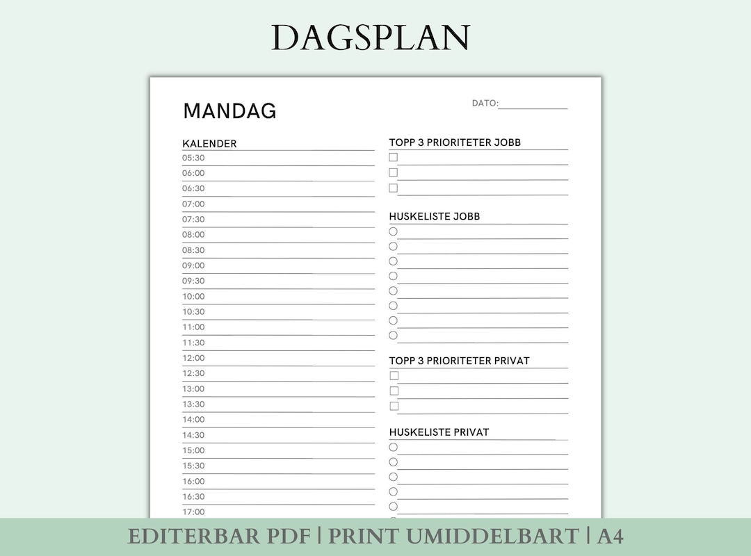 Dagsplan, Dagskalender, Daglig to Do List, Daglig Udatert Plan - Etsy