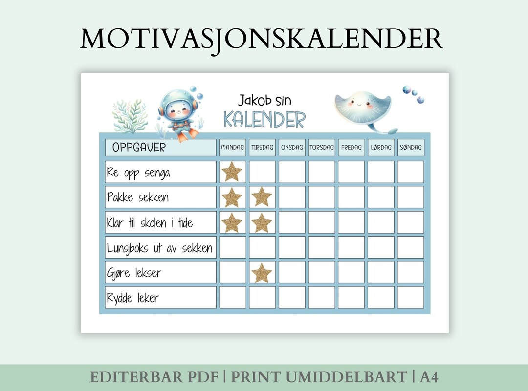 MOTIVASJONSKALENDER for Husarbeid, Arbeidsoppgaver, Belønningskalender ...